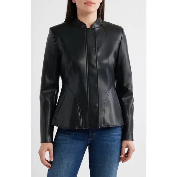 Via Spiga Zip Front Faux Leather Jacket - Black