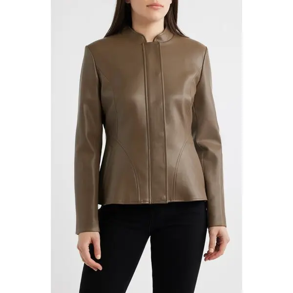 Via Spiga Zip Front Faux Leather Jacket - Taupe