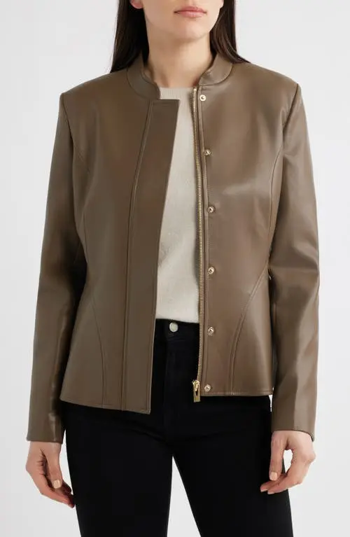 Via Spiga Zip Front Faux Leather Jacket - Taupe