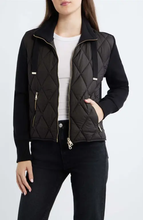 Bernardo Mixed Media Quilt Front Sweater Jacket - Black
