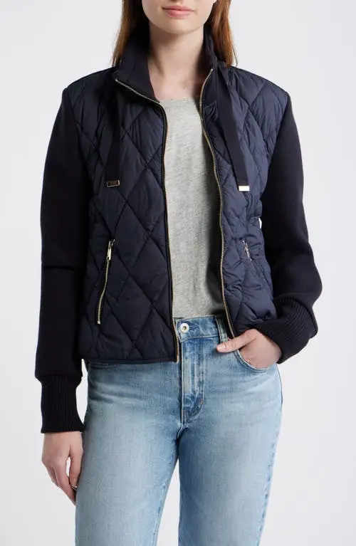 Bernardo Mixed Media Quilt Front Sweater Jacket - Navy