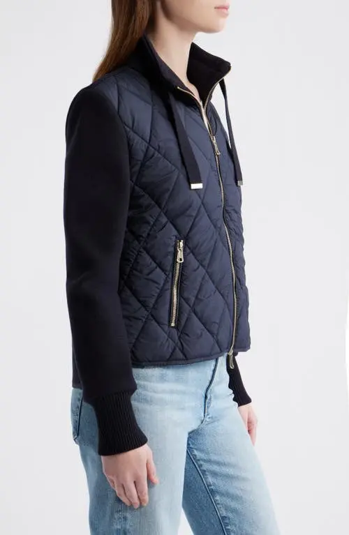 Bernardo Mixed Media Quilt Front Sweater Jacket - Navy