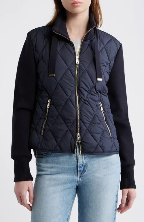 Bernardo Mixed Media Quilt Front Sweater Jacket - Navy
