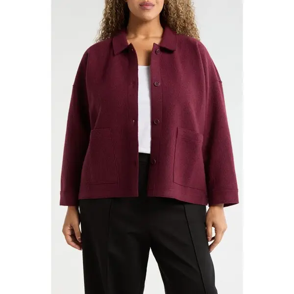 Eileen Fisher Classic Collar Boiled Wool Jacket - Wine