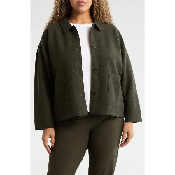 Eileen Fisher Classic Collar Boiled Wool Jacket - Woodland