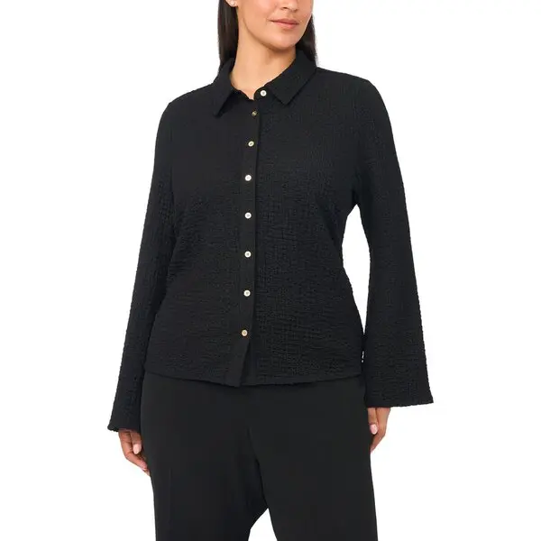 Halogen Flare Sleeve Knit Button-up Shirt - Rich Black