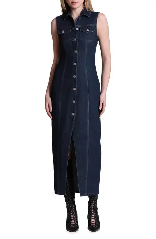 Avec Les Filles Sleeveless Stretch Denim Maxi Dress - Satin Wash
