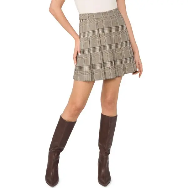 Vince Camuto Glen Plaid Pleated Stretch Miniskirt - Rich Black/beige