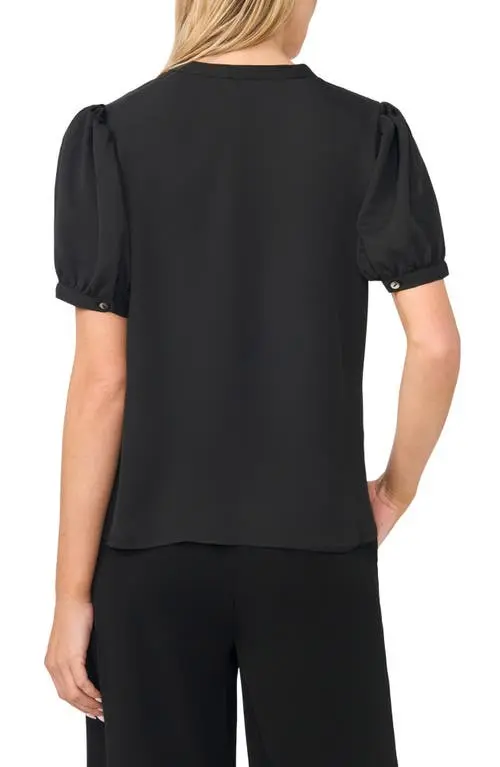 Halogen Puff Sleeve Band Collar Button-up Top - Rich Black
