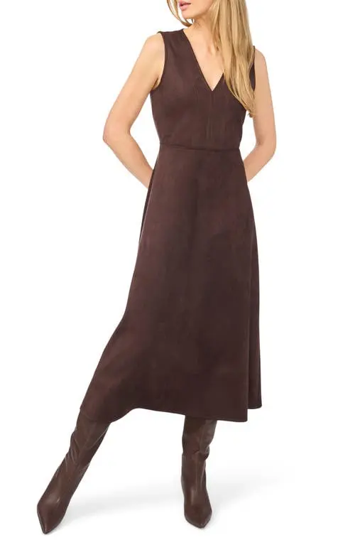 Halogen V-neck Faux Suede Midi Dress - Dark Roast