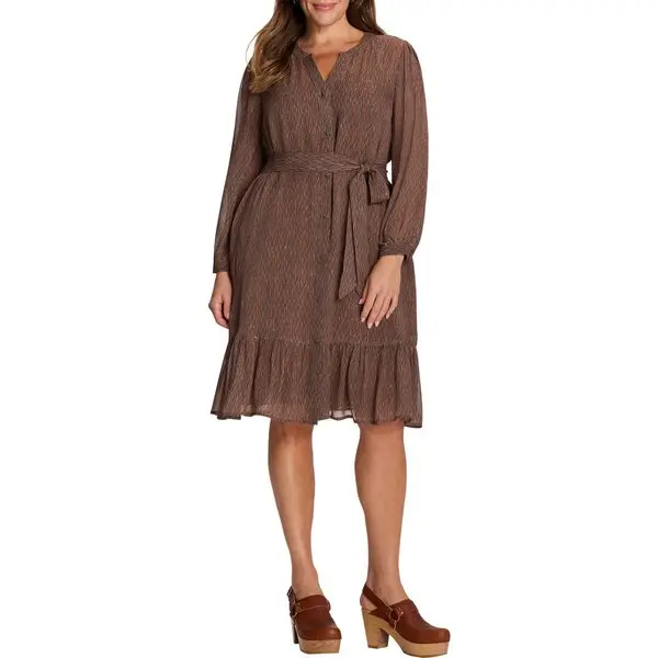 NIC+ZOE Dotty Tie Waist Long Sleeve Georgette Dress - Brown Multi