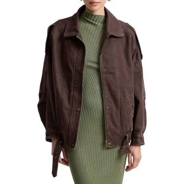 Avec Les Filles Denim Belted Bomber Jacket - Brown