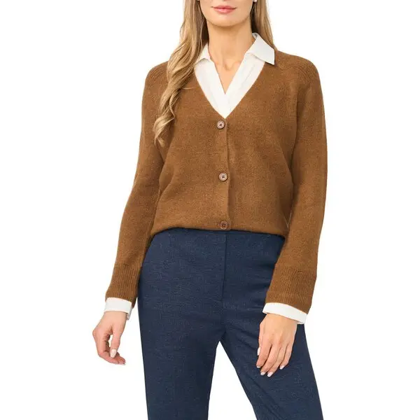 Halogen Mixed Media Twofer V-neck Cardigan - Rich Cognac