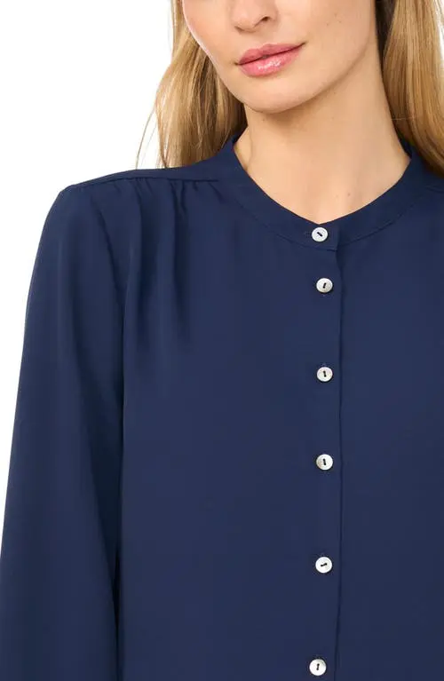 Halogen Shirred Mock Neck Button-up Shirt - Classic Navy