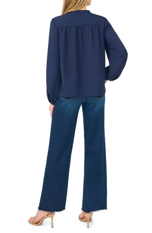 Halogen Shirred Mock Neck Button-up Shirt - Classic Navy