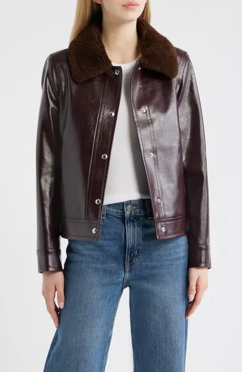 Sam Edelman Slim Fit Faux Leather Jacket With Faux Fur Collar - Burgundy