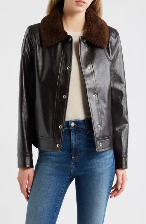 Sam Edelman Slim Fit Faux Leather Jacket With Faux Fur Collar - Dark Brown