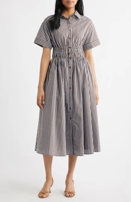 EN SAISON Stripe Short Sleeve Cotton Blend Midi Shirtdress - Brown Blue