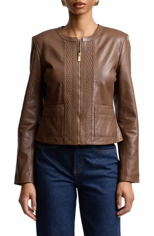 Bagatelle Basketweave Detail Leather Jacket - Saddle