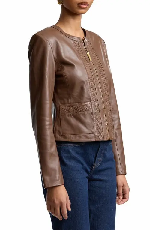 Bagatelle Basketweave Detail Leather Jacket - Saddle