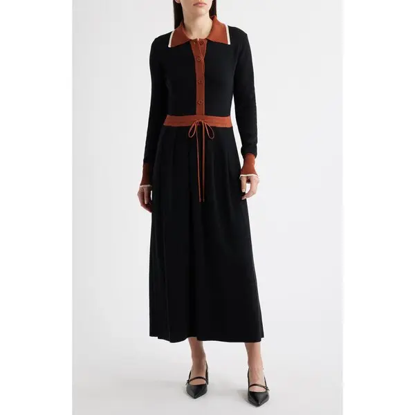 Julia Jordan Tipped Long Sleeve Drawstring Waist Sweater Dress - Black/camel
