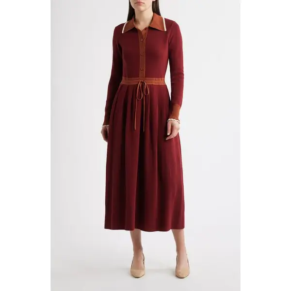 Julia Jordan Tipped Long Sleeve Drawstring Waist Sweater Dress - Wine/camel