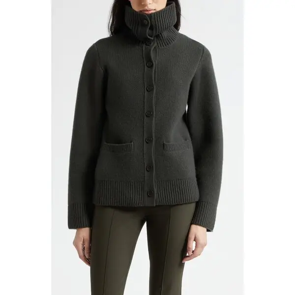 Vince Double Face Wool Blend Turtleneck Cardigan - Dark Thyme