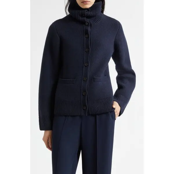 Vince Double Face Wool Blend Turtleneck Cardigan - Twilight Navy