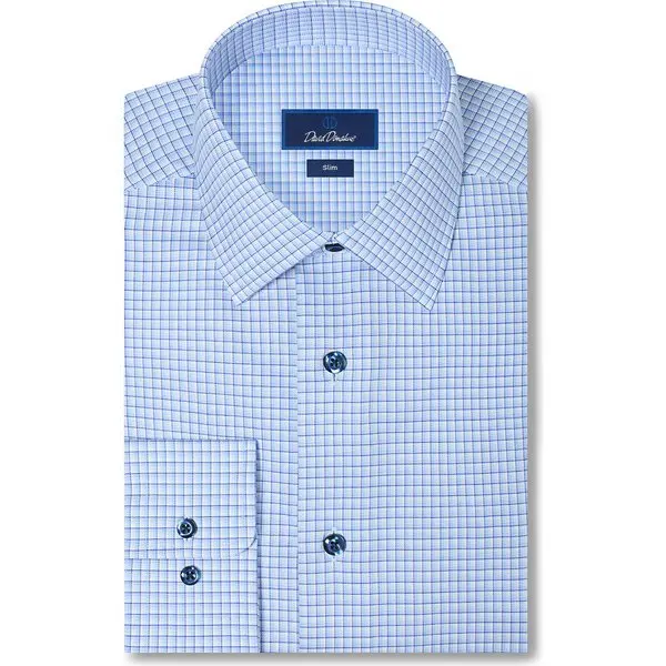 David Donahue Slim Fit Shadow Check Stretch Cotton Twill Dress Shirt - Blue
