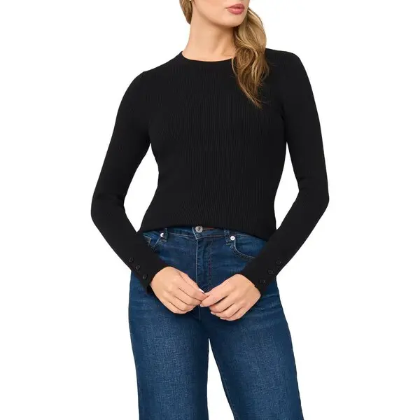 Halogen Button Cuff Rib Crewneck Sweater - Rich Black