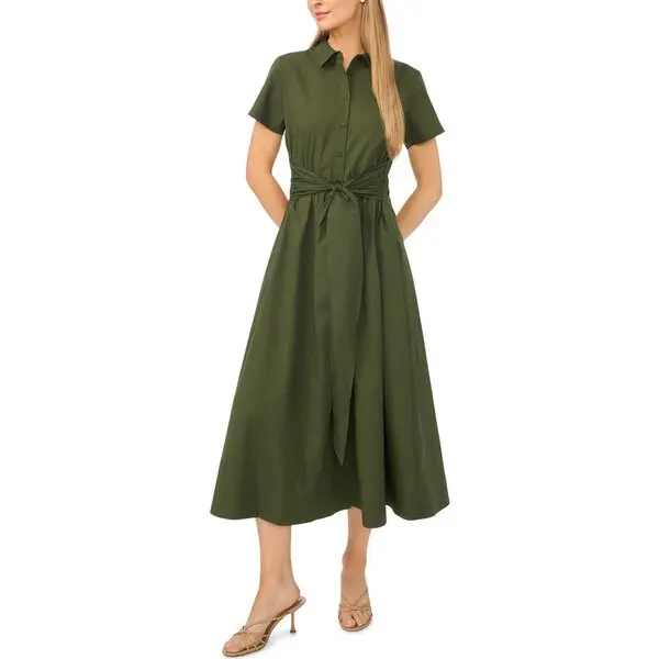 Halogen Tie Waist Cotton Shirtdress - Midnight Sage