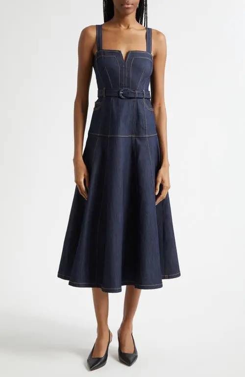 Cinq À Sept Tina Belted Stretch Denim Midi Sundress - Indigo