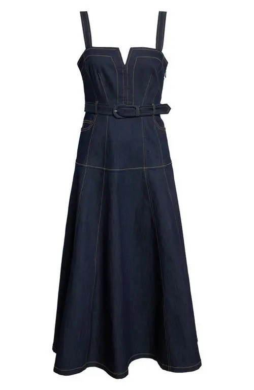 Cinq À Sept Tina Belted Stretch Denim Midi Sundress
