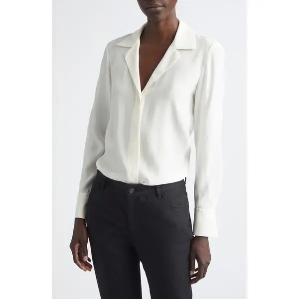 Lafayette 148 New York Scottie Notched Collar Silk Button-up Shirt - Cloud