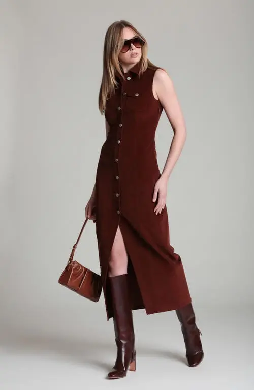 Avec Les Filles Sleeveless Stretch Corduroy Maxi Dress With Button Front And Chest Pockets