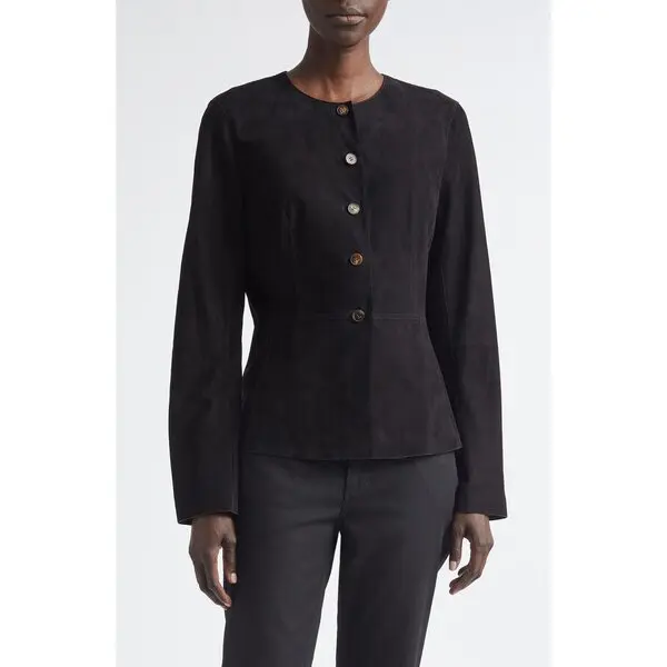 Lafayette 148 New York Fitted Collarless Suede Jacket - Black