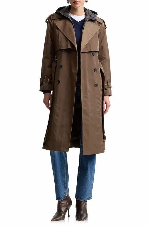 Avec Les Filles Crinkled Nylon Trench Coat With Hooded Bib Inset - Moss Plaid
