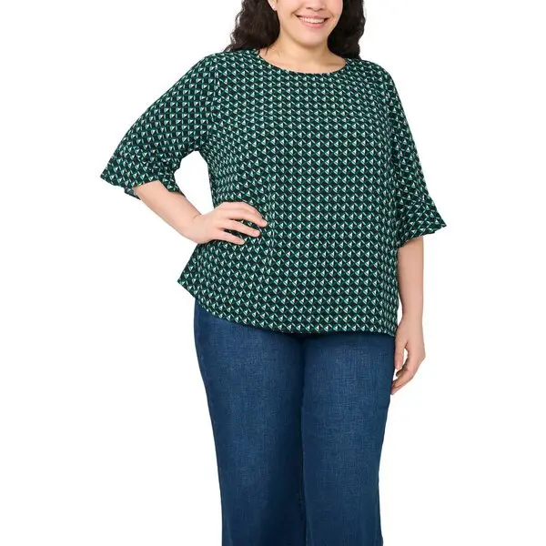 CECE DUPRAZ Ruffle Cuff Print Top - Deep Spruce