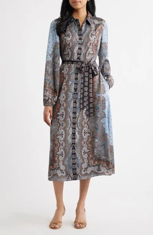 Julia Jordan Mixed Paisley Long Sleeve Midi Shirtdress - Blue Multi
