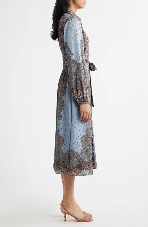 Julia Jordan Mixed Paisley Long Sleeve Midi Shirtdress - Blue Multi