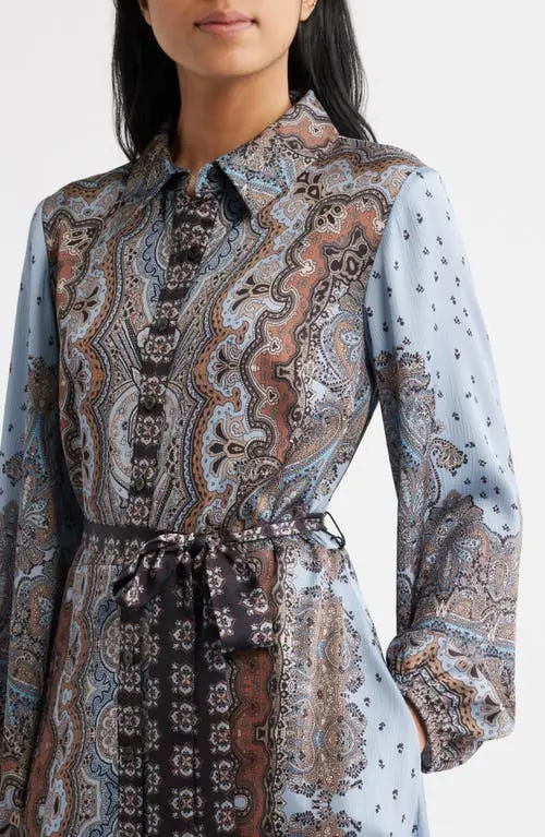 Julia Jordan Mixed Paisley Long Sleeve Midi Shirtdress - Blue Multi