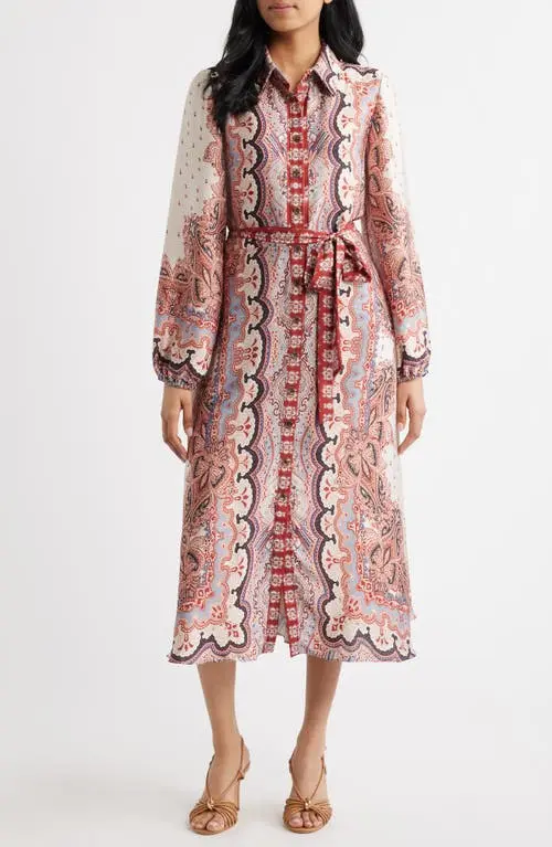 Julia Jordan Mixed Paisley Long Sleeve Midi Shirtdress - Rust Multi