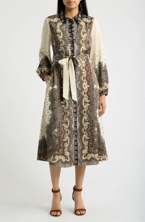 Julia Jordan Mixed Paisley Long Sleeve Midi Shirtdress - Sand Multi