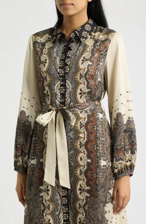 Julia Jordan Mixed Paisley Long Sleeve Midi Shirtdress - Sand Multi