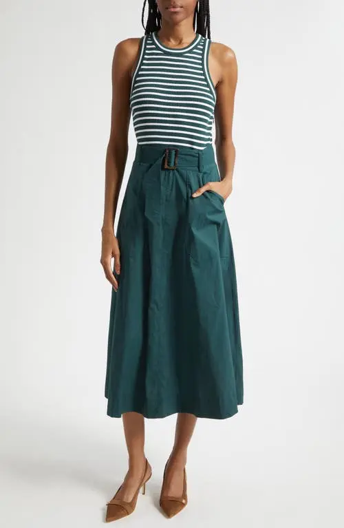Veronica Beard Jordyn Mixed Media Stretch Cotton Midi Dress - Pine/white