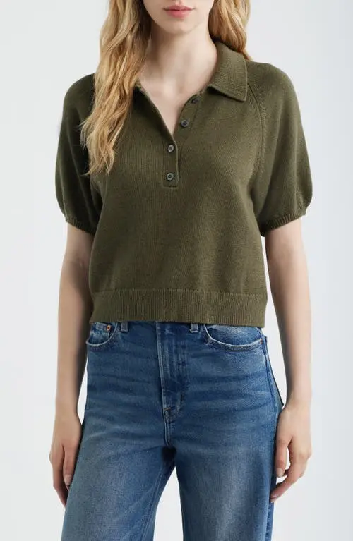 Paige Birch Puff Sleeve Organic Cotton Blend Polo Sweater - Mixed Herb