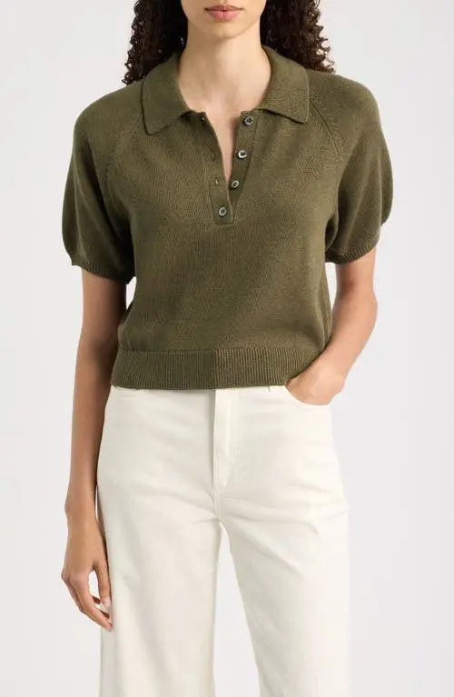 Paige Birch Puff Sleeve Organic Cotton Blend Polo Sweater - Mixed Herb