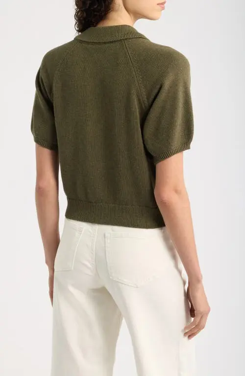 Paige Birch Puff Sleeve Organic Cotton Blend Polo Sweater - Mixed Herb