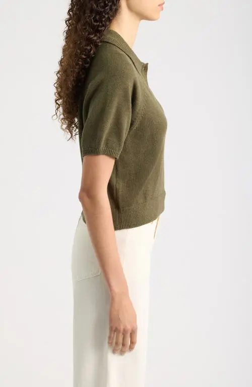 Paige Birch Puff Sleeve Organic Cotton Blend Polo Sweater - Mixed Herb
