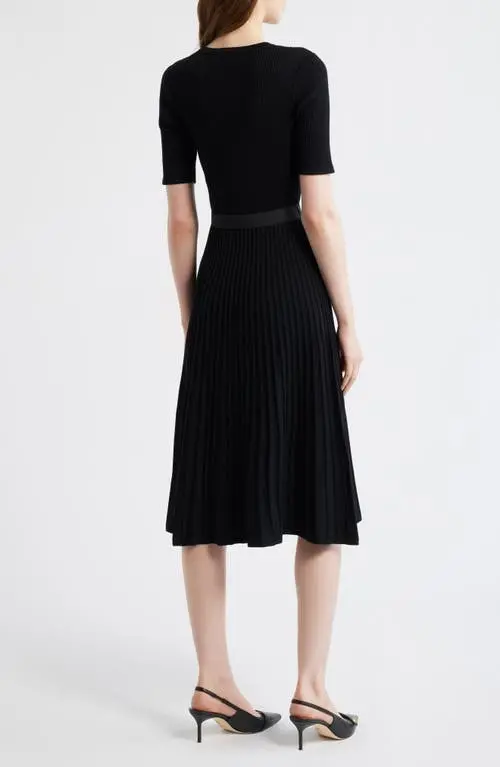 Eliza J Ribbed Fit & Flare Sweater Dress With Belt - Black